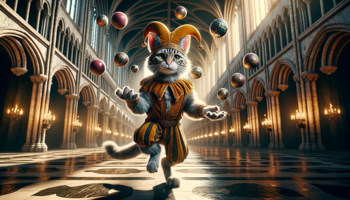 Court jester cat is juggling balls in a great medieval hall. - AI ...