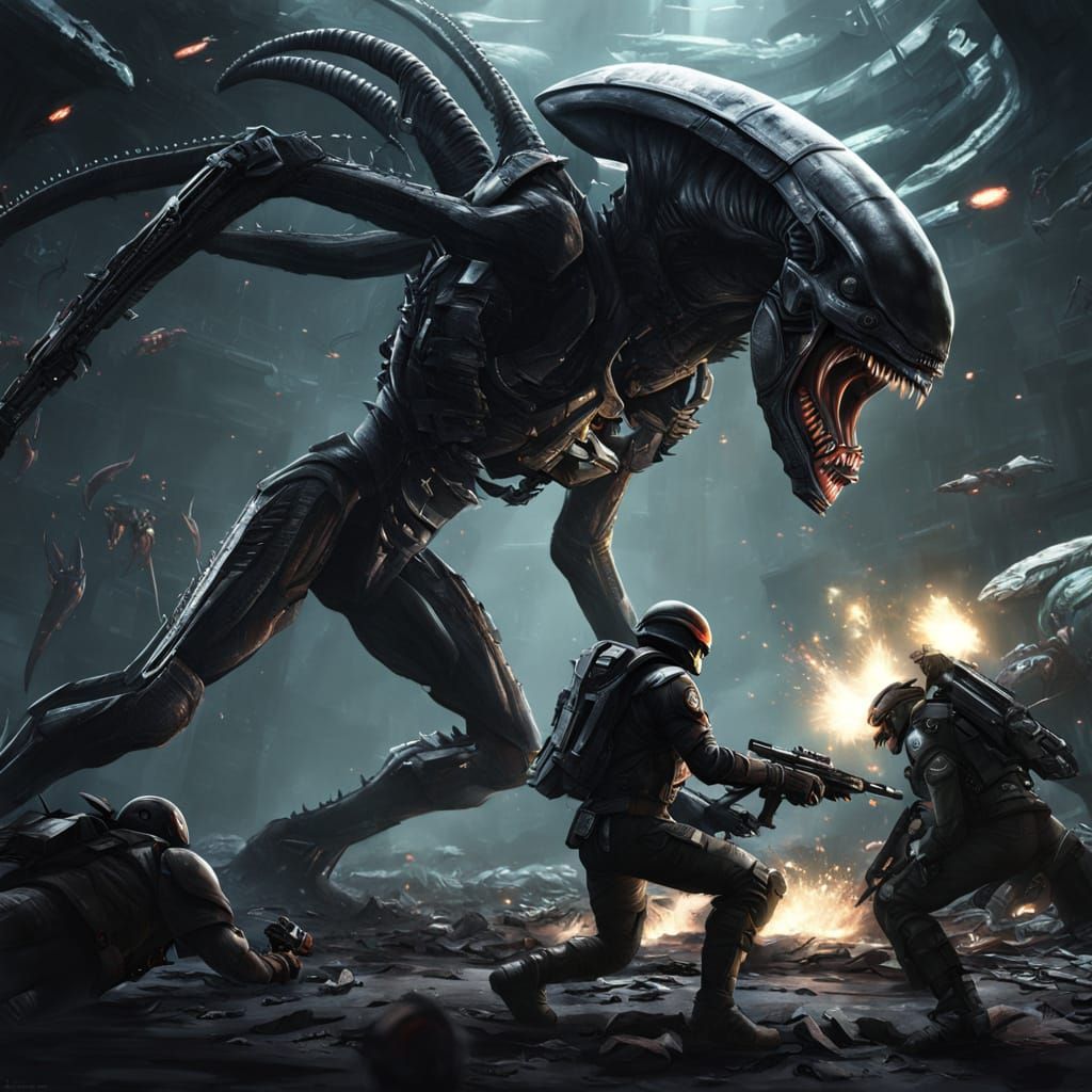 Alien Hunter Battles Xenomorph in Cyberpunk Sci-Fi - AI Art