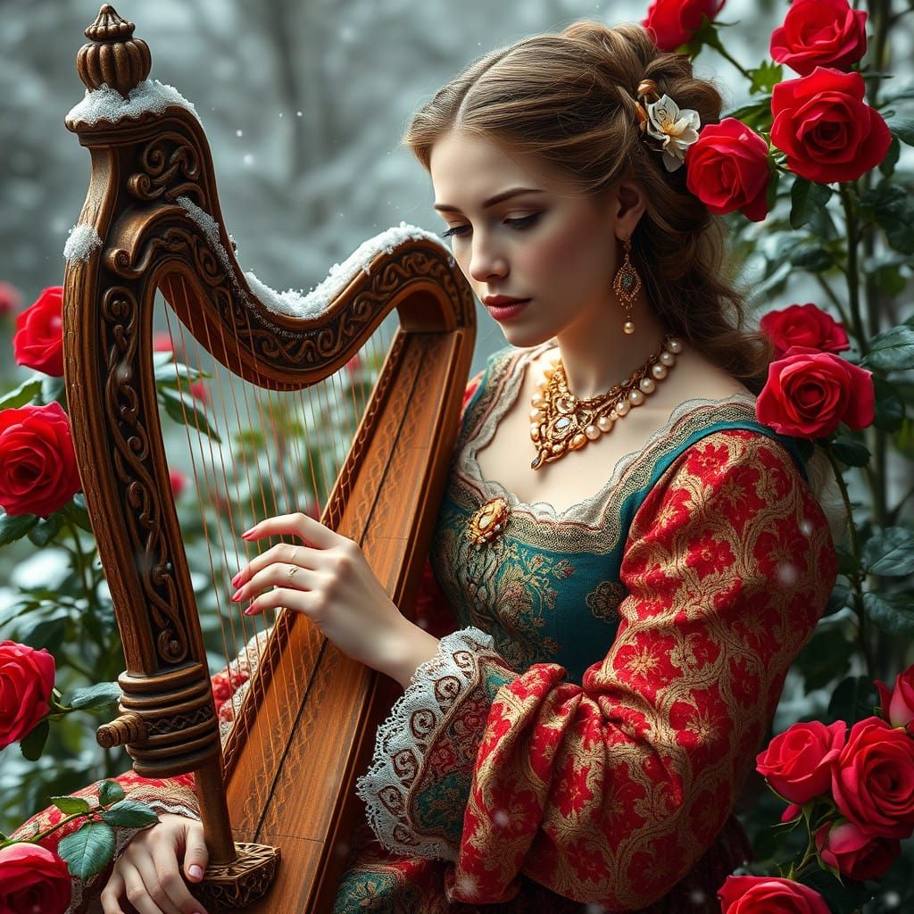 Ethereal Renaissance Beauty Plays Ancient Harp in ... - AI Art