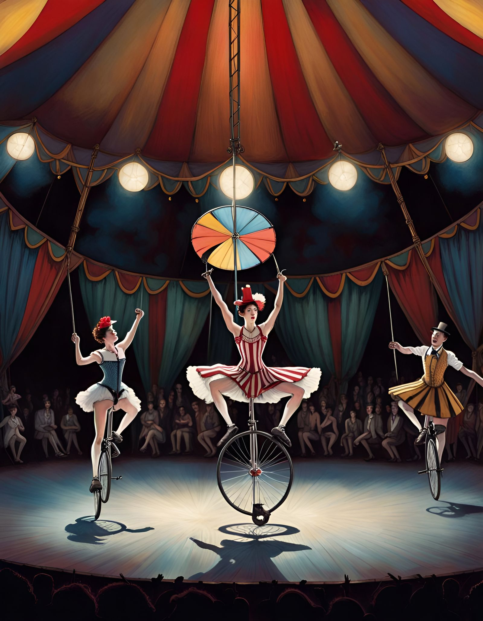 An enchanting Tim Burton circus scene featuring skilled unicyclists ...