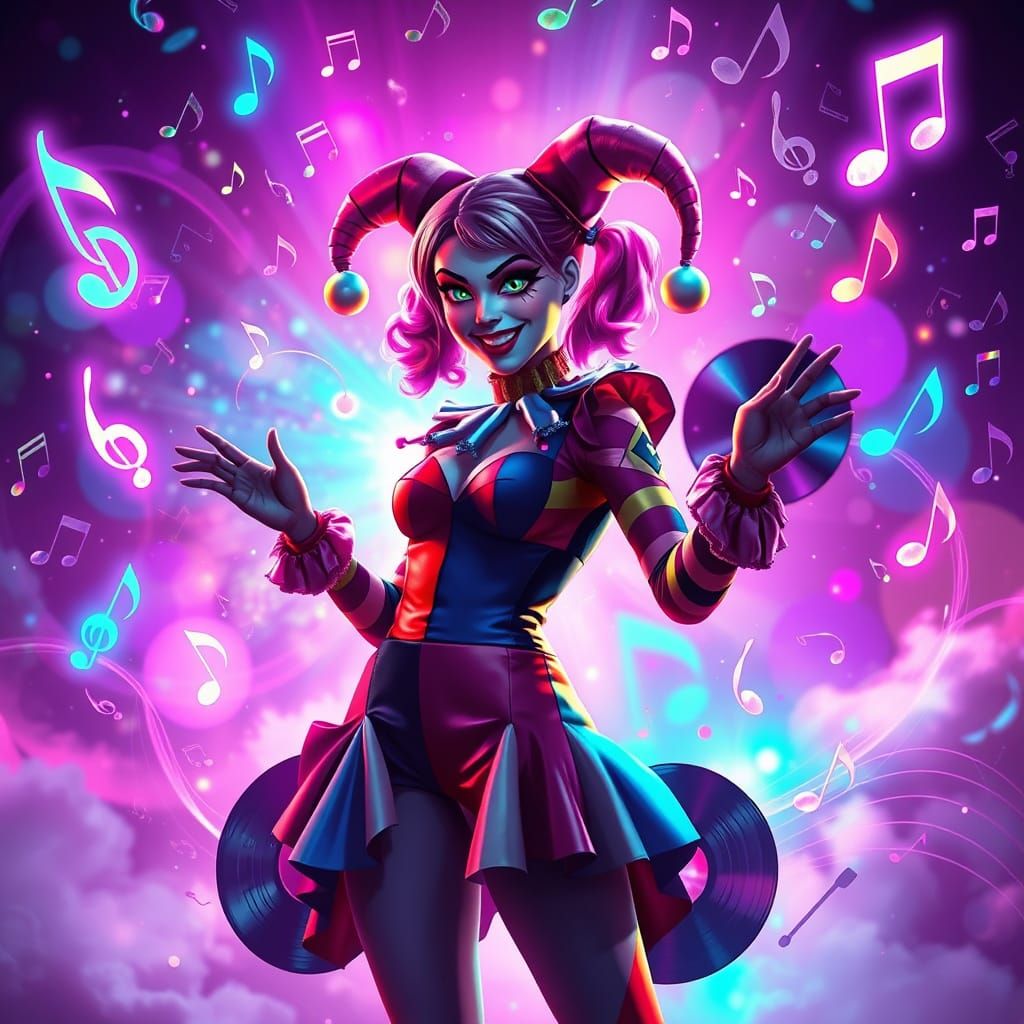 Vibrant Jester Queen Conducts Psychedelic Symphony - AI Art