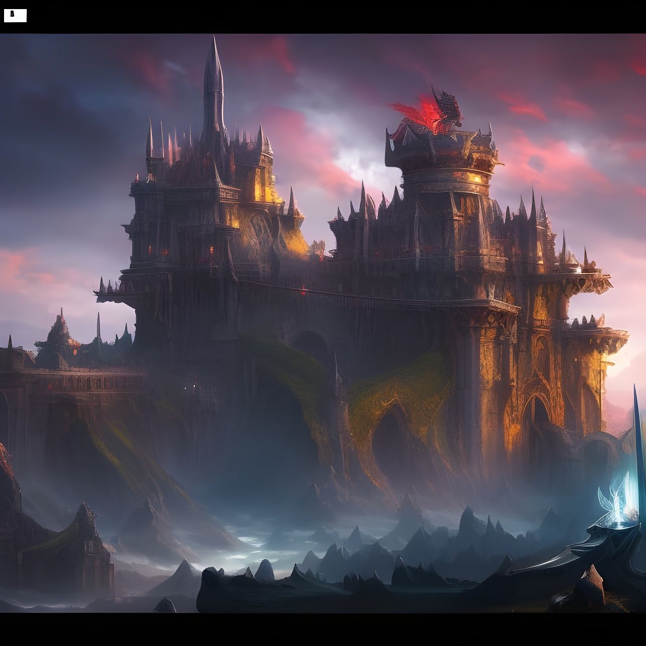 Intricate fantasy castle, fantasy landscape, Sharp contrast, high black ...