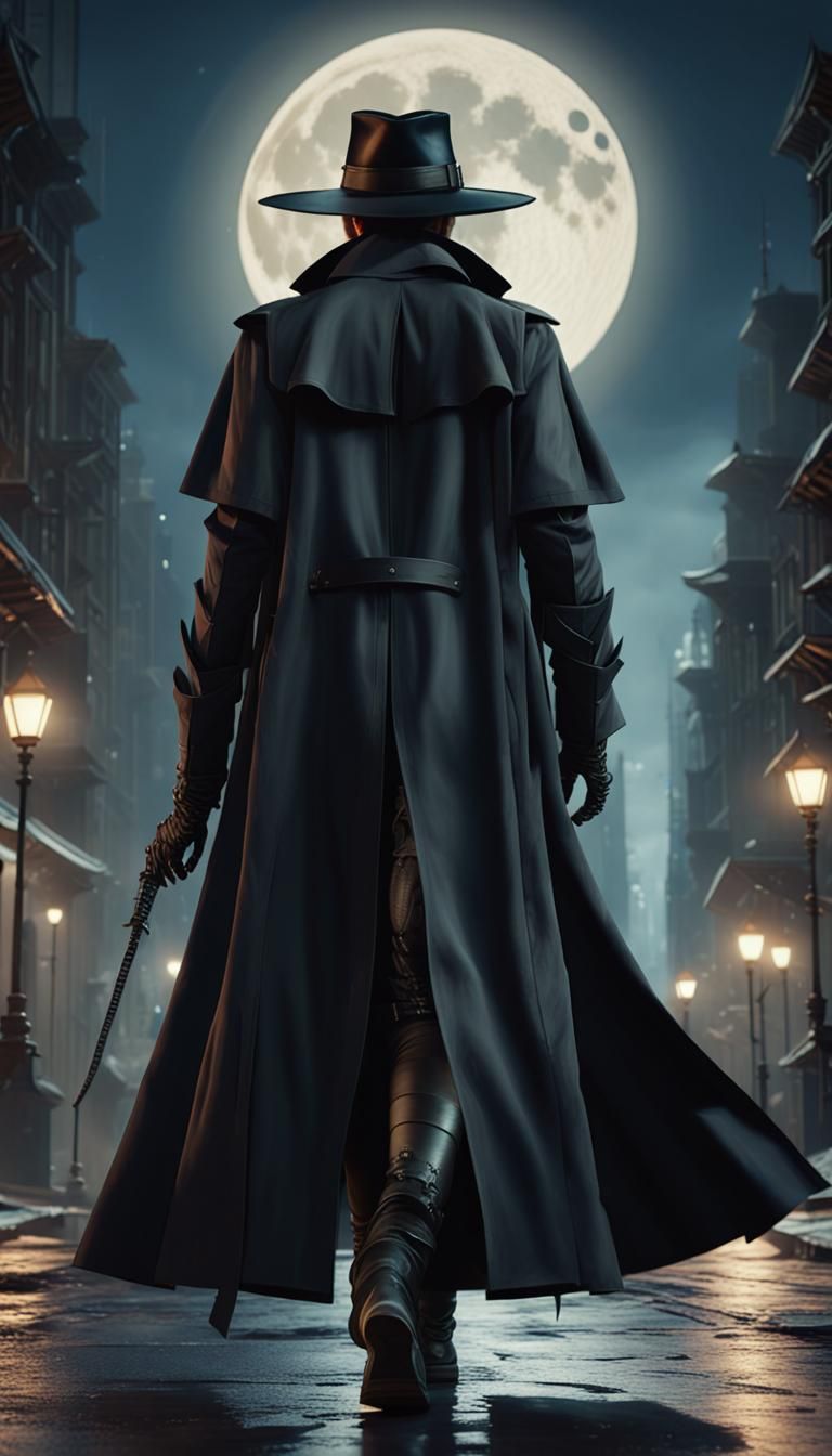 vampire hunter, backlit by full moon, walking toward viewer, modern ...