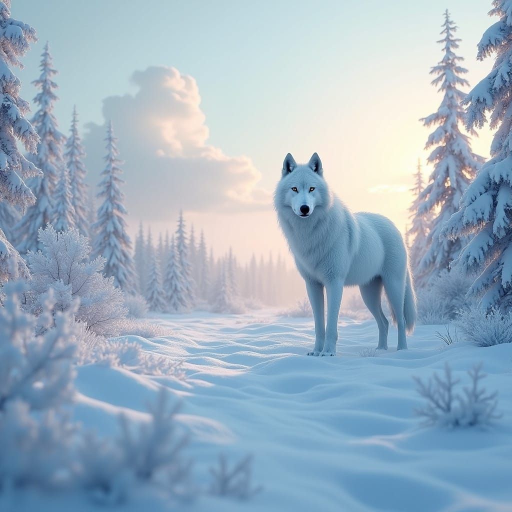 A photograph of a breathtaking pure white wolf in the distance in a ...