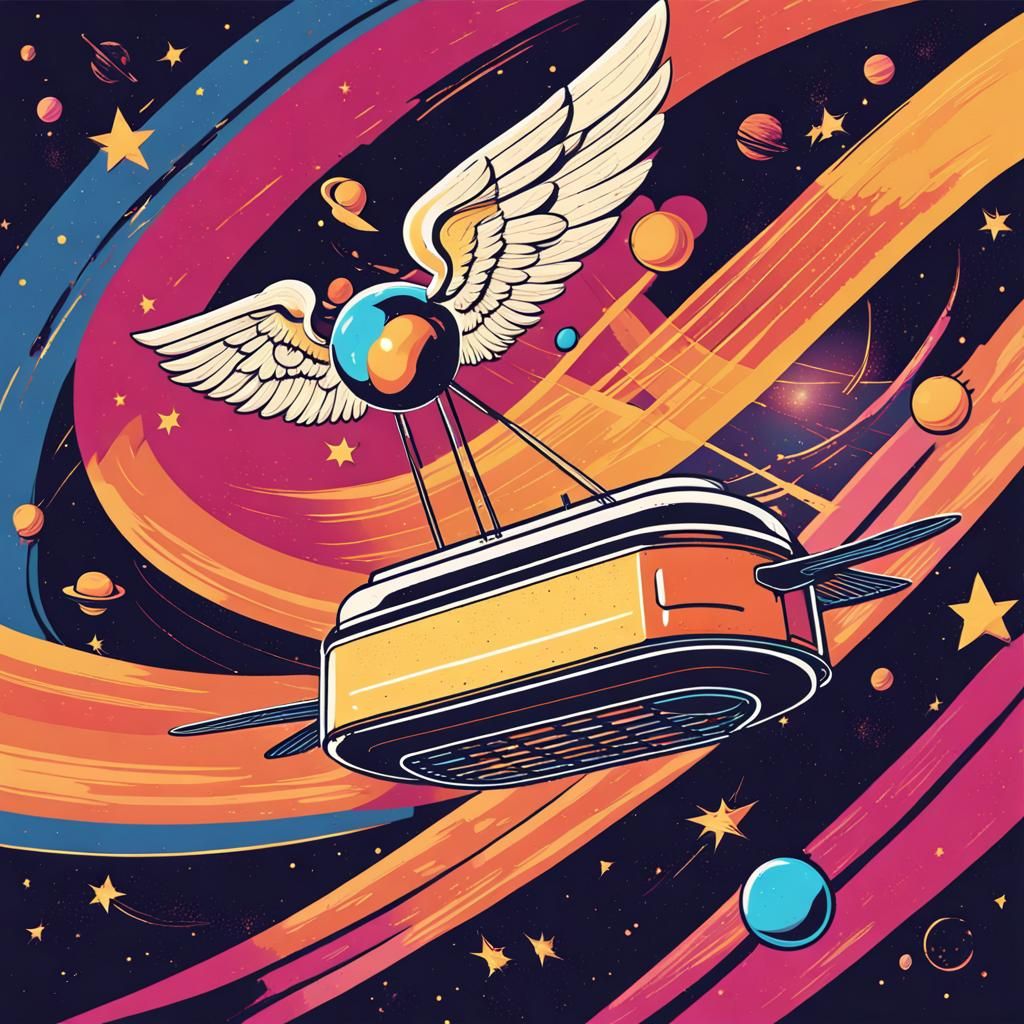 AfterDark Flying Toaster with angelic wings. Have a background of stars ...