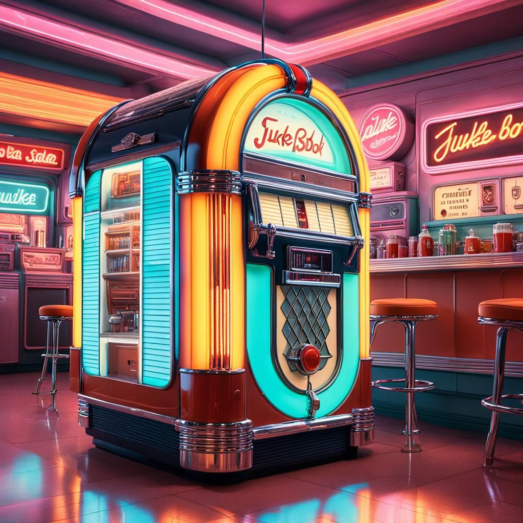 Retro Futuristic Juke Box in Neon-Glowing Soda Sho... - AI Art