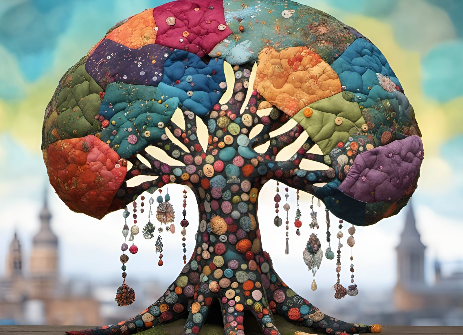 full-size intricately detailed patchwork brain tree made from tiny ...