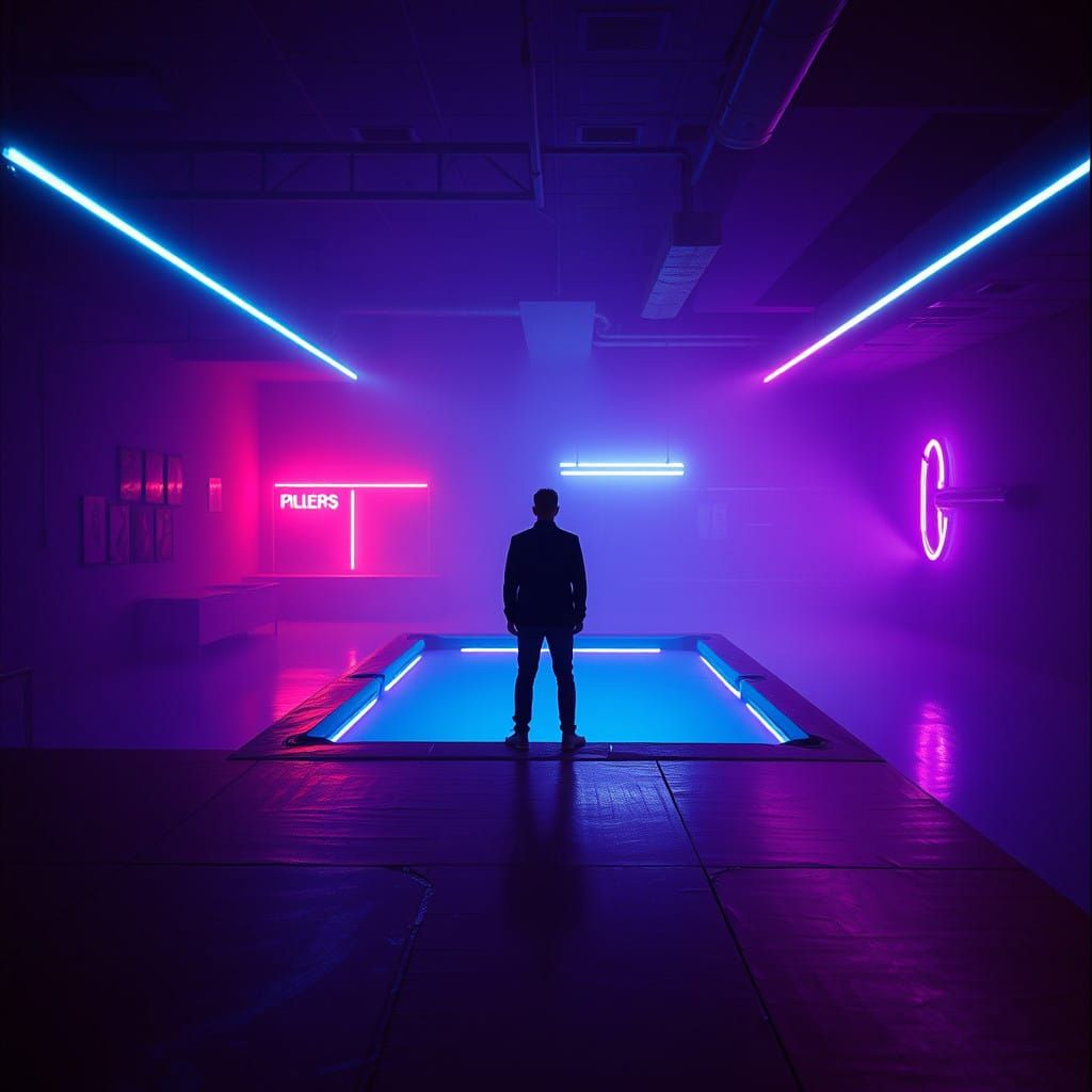 Eerie Liminal Pool Room Scene with Neon Lighting - AI Art