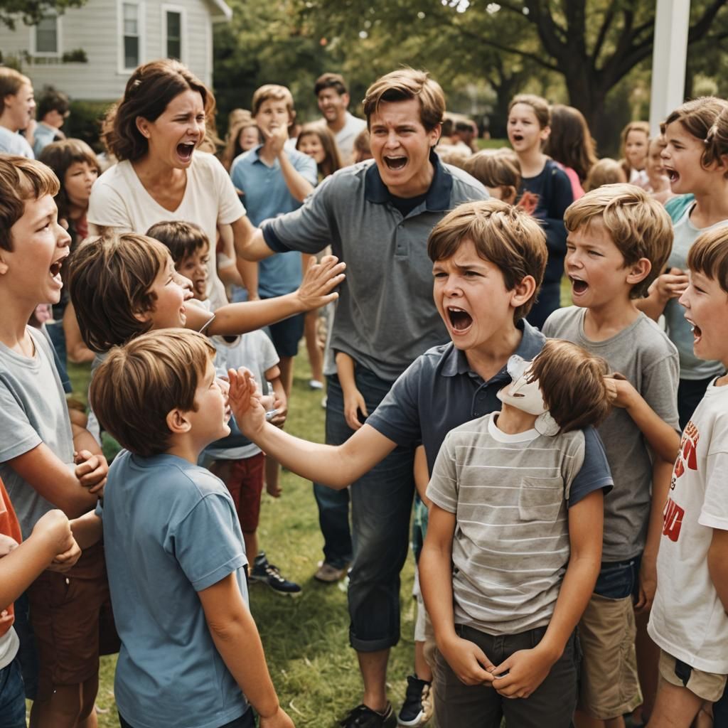 A young boy getting yelled at by young kids with brown hair. - AI ...