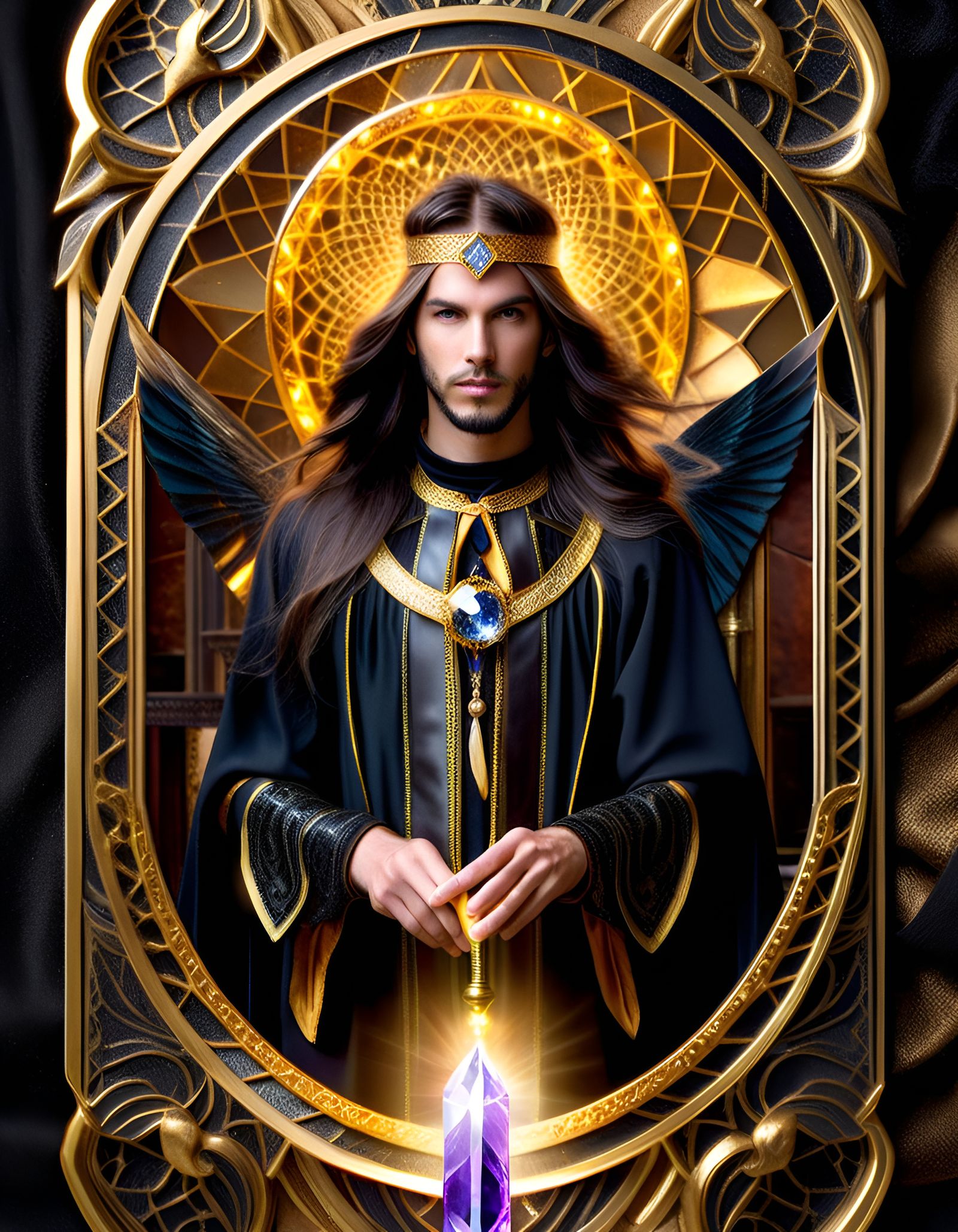 25-year-old male sorcerers apprentice, holding a crystal wand oracle ...