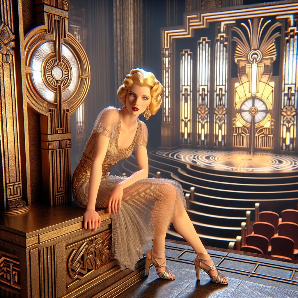 Norman Rockwell inspired pinup girl posing by a art deco stage. - AI Generated Artwork ...