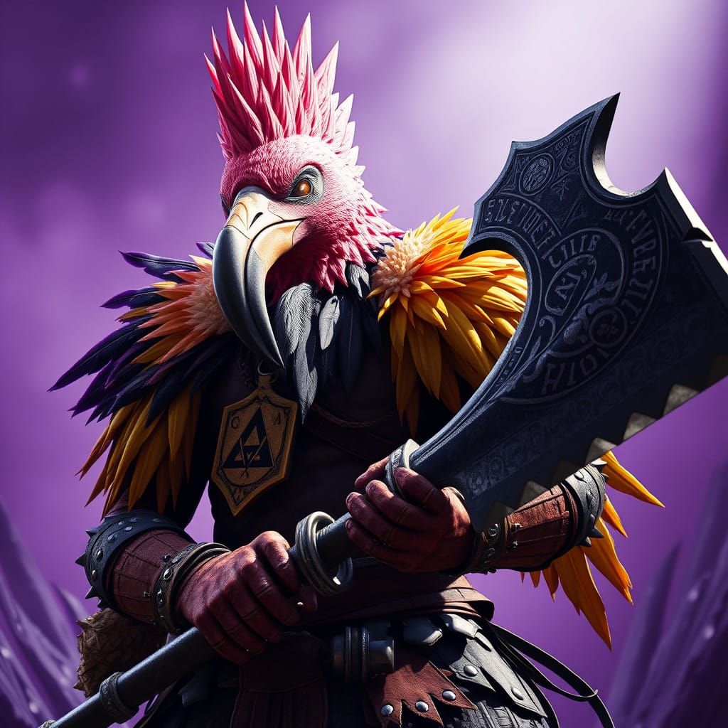 Fierce Flamingo-Headed Barbarian Wields Greataxe i... - AI Art
