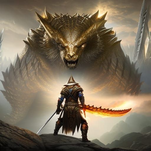 warrior front of monster, concept art, fantasy, atmospheric, fantastic ...