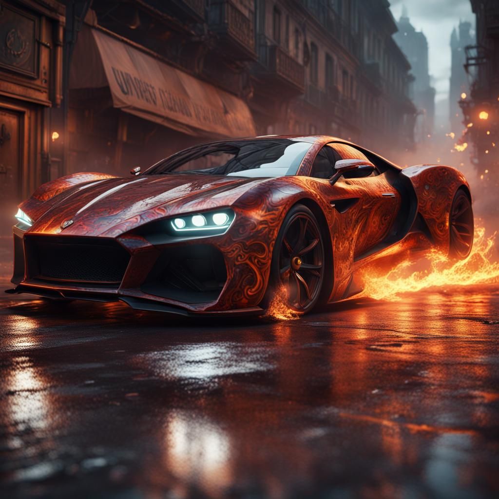 super car in the street of fire - AI Generated Artwork - NightCafe Creator