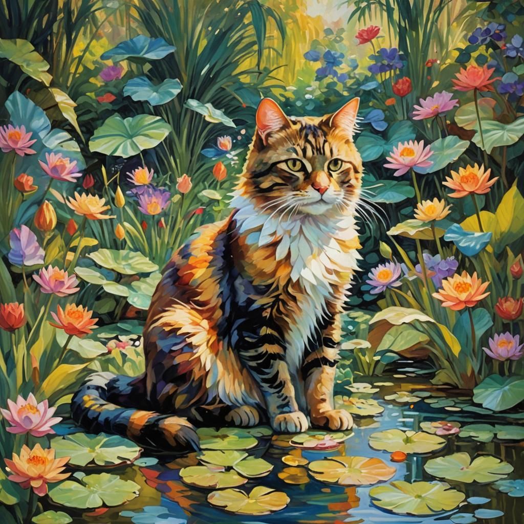Whimsical Dinocat in an Impressionist Garden - AI Art