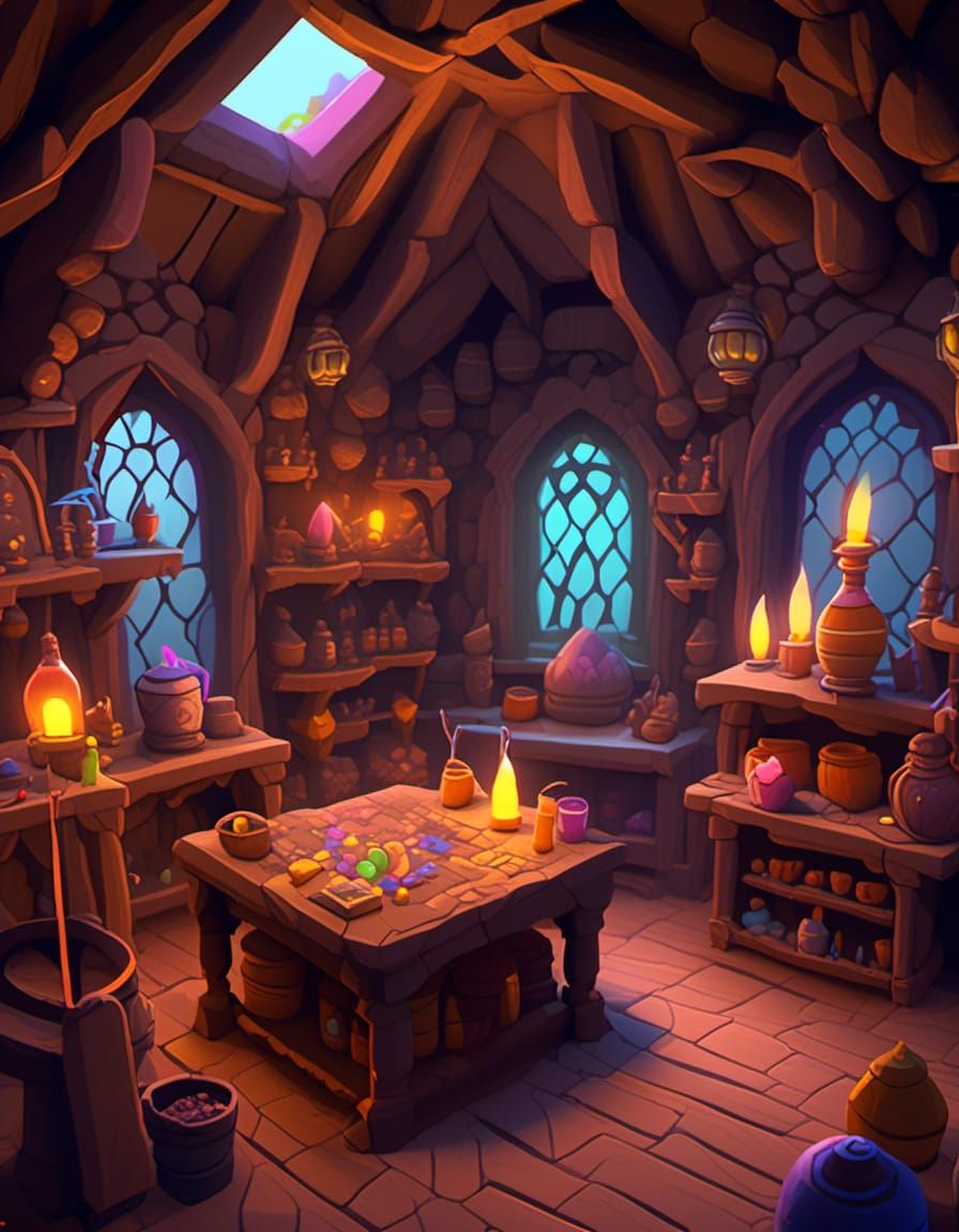 fantasy, potion shop room, drawers, counters, isometric view, concept ...