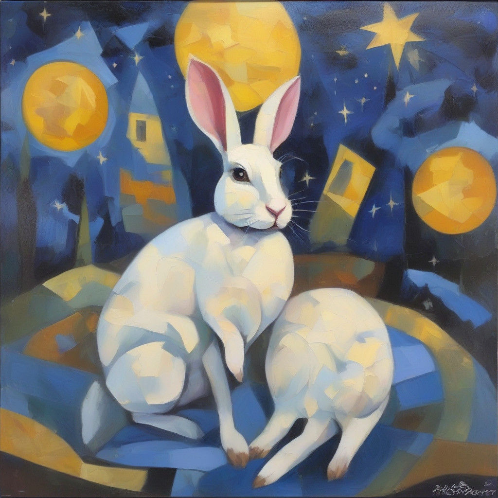 Cubist Rabbit Contemplates Starry Night - AI Art