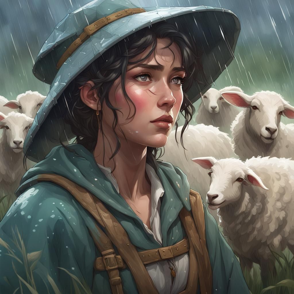 A very beautiful shepherdess in a field guarding her sheep in the ...