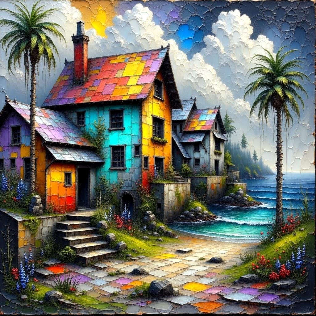 Rustic Seaside Village with Vibrant Metallic Cotta... - AI Art