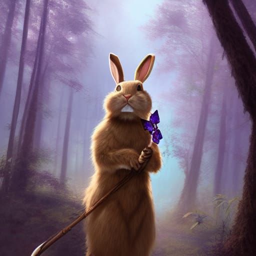 Anthropomorphic rabbit with brown fur. Wearing purple robes and a gold ...