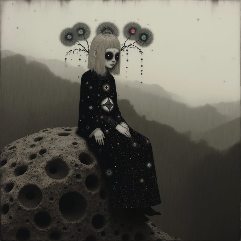 A GOTHIC ornate blond woman, sitting on a rock, in despair.