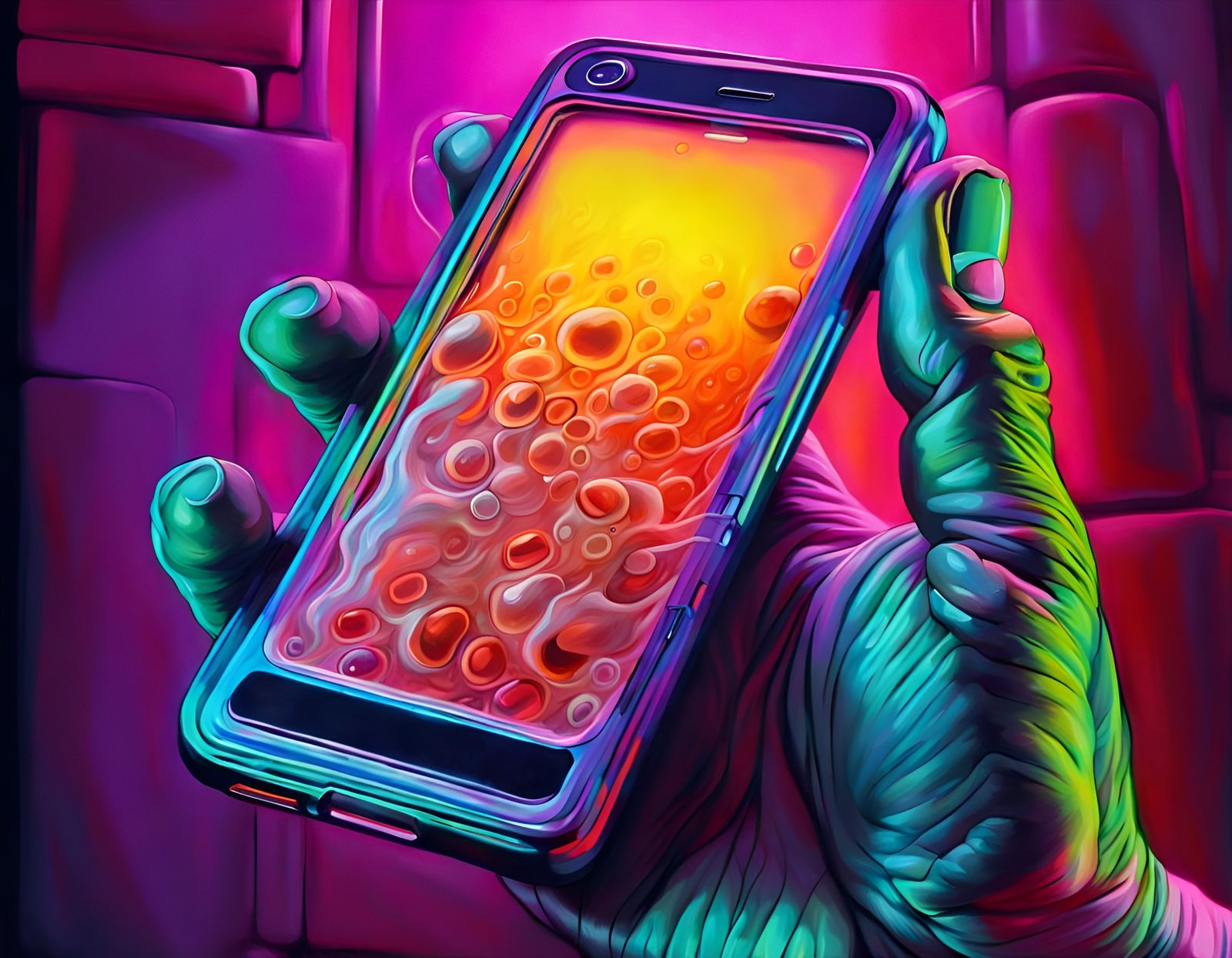 cell phone with a hand reaching out from inside the cell phone to get a ...