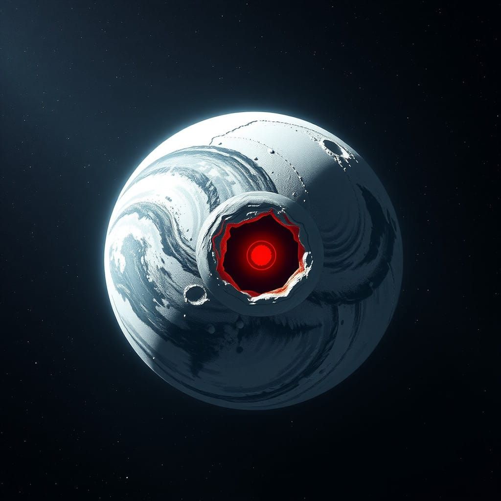 Frozen Earth in Space, Glowing Crater in Snowy Lan... - AI Art