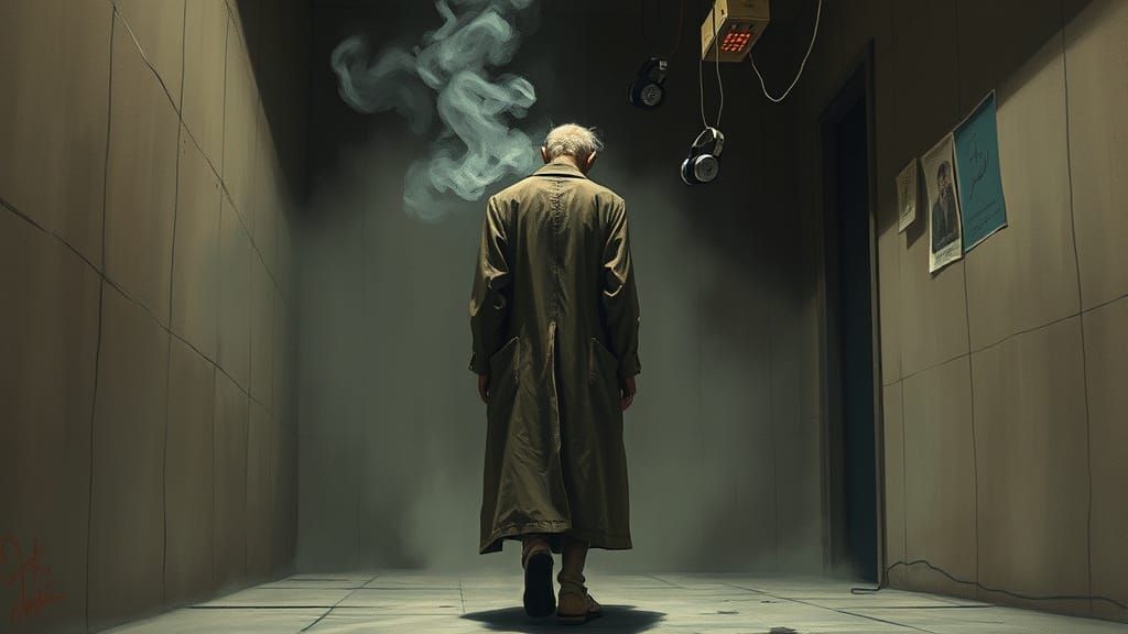 Surrealist Scene of a Gaunt Figure in a Smoky Room - AI Art