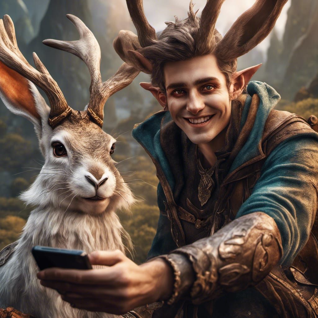 Mythical jackalope Elf getting a selfie with a Jackalope. - AI Generated Artwork - NightCafe Creator
