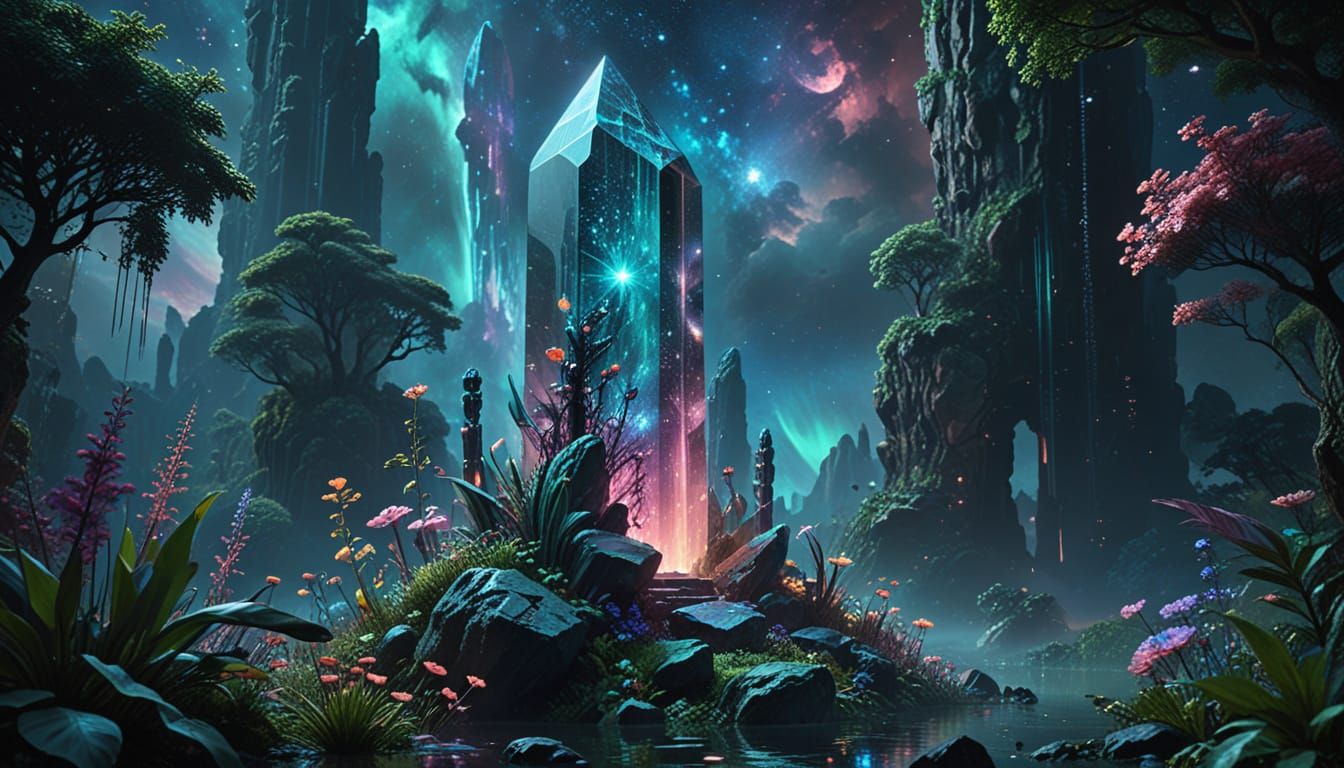 secret gardern - Ethereal Crystal Garden Under Starry Nebula...