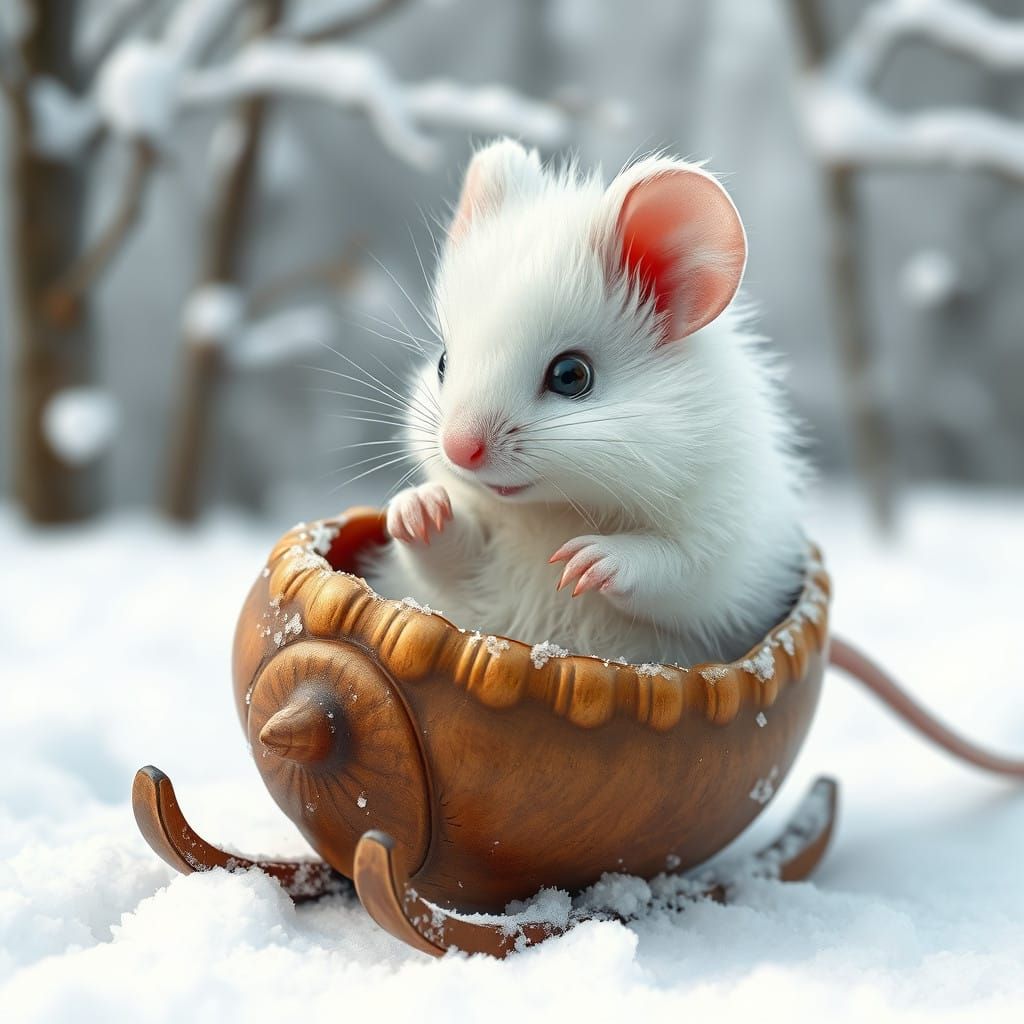 Snow white - Cute Fluffy Mouse Plays Snow-Ski in Acorn-Shell...