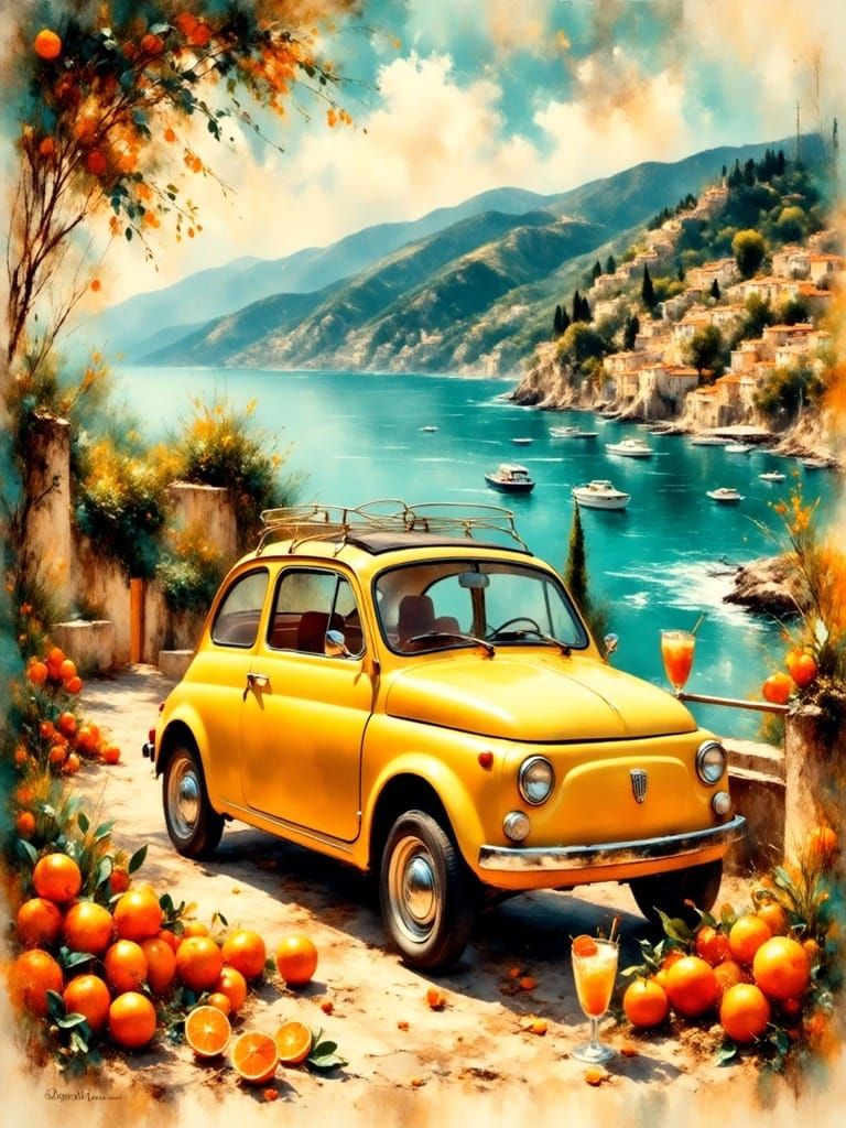 Surreal Italian Dreamscape with Vintage Fiat and G... - AI Art