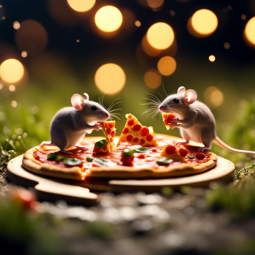 Photograph, Macro, mice love to eat pizza on the meadow, depth of field ...