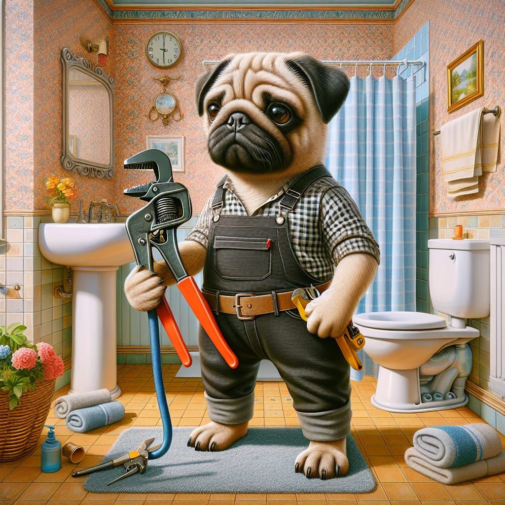 whimsical 3D, 64K, a pug standing on both hind legs wearing black ...
