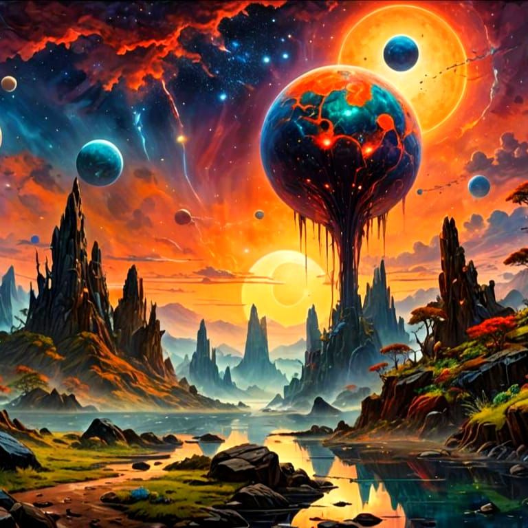 Dripping Orb - A Cosmic Planet in Vibrant Cubist Splendor