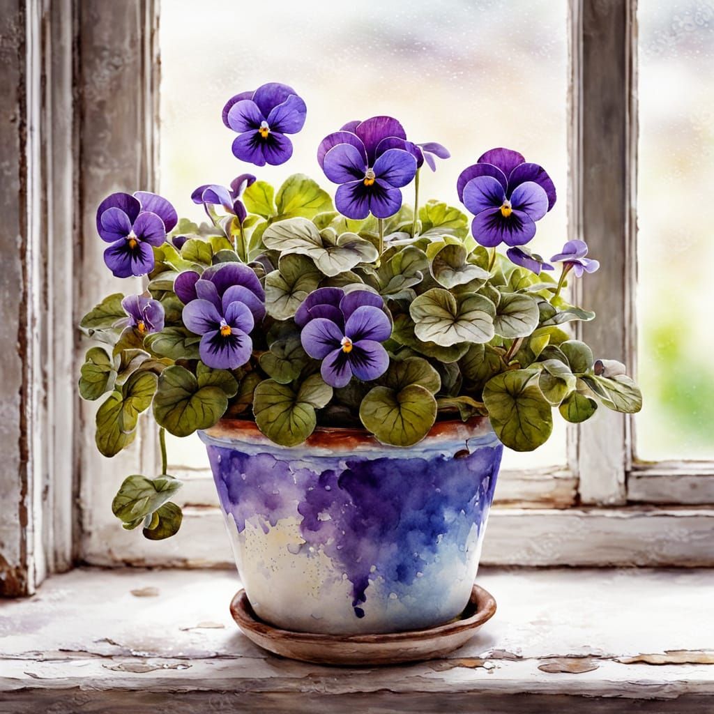 Vintage Watercolor Still Life of Horned Violets in... - AI Art
