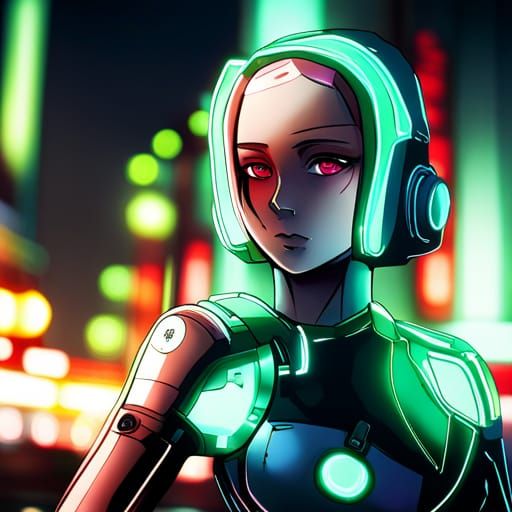 Portrait of a cyborg girl wearing futuristic face armor in a neon city ...