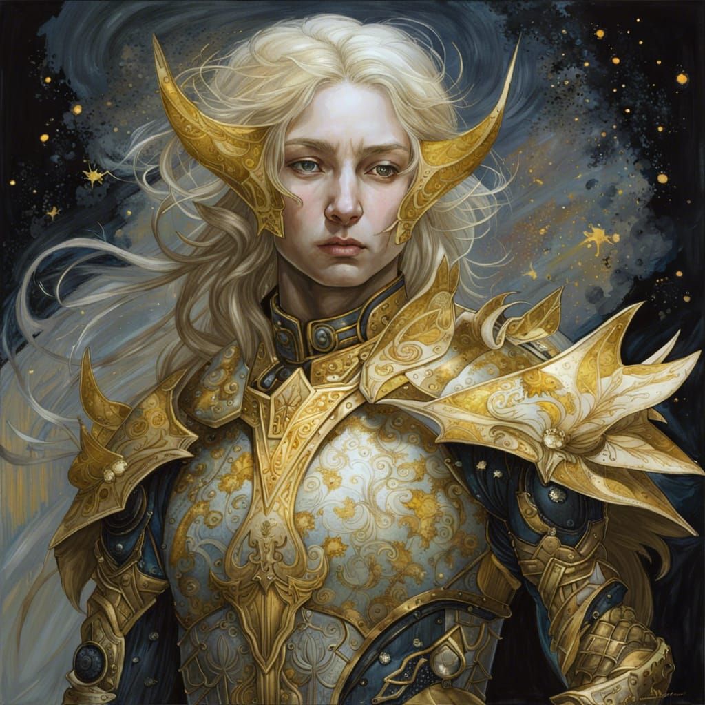 elf paladin wearing starry plate armor, no helmet, black eyes with ...