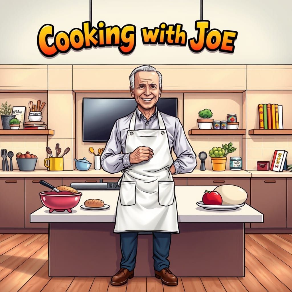 Joe Biden on his own cooking show he wears an apron and stands behind a ...