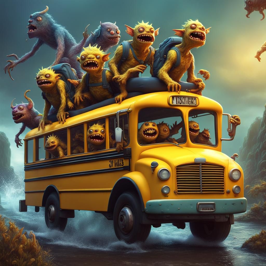 adorable crazy monsters wearing backpacks surfing on top of a yellow ...