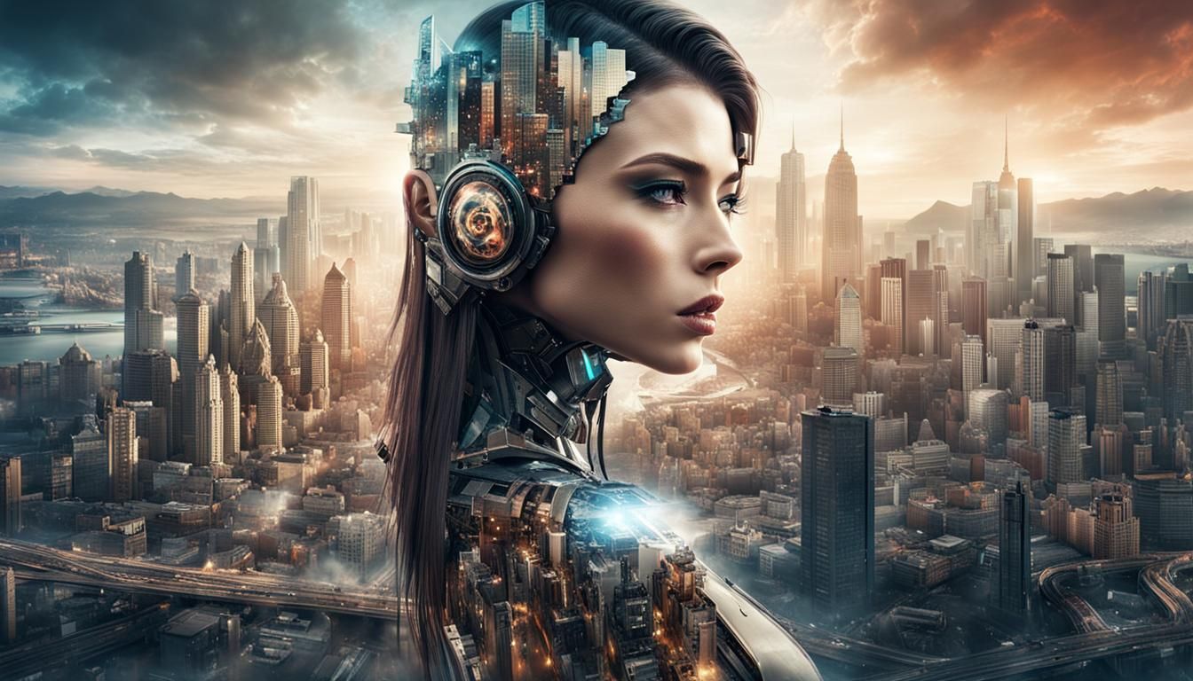 double exposure a cyborg face - AI Generated Artwork - NightCafe Creator