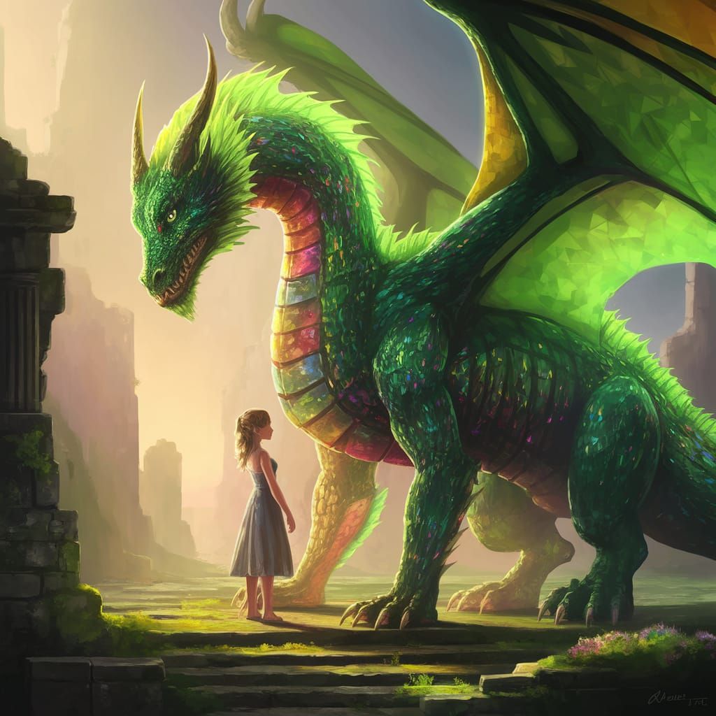 Maiden Beside Emerald Glass Dragon in Ancient Ruin... - AI Art