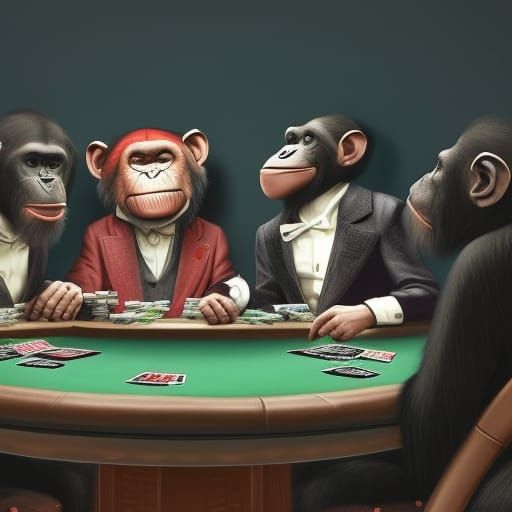 A swanky room filled with realistic beautiful chimpanzees dressed in ...