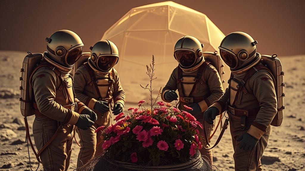 Three men in spacesuits tending to the flowers