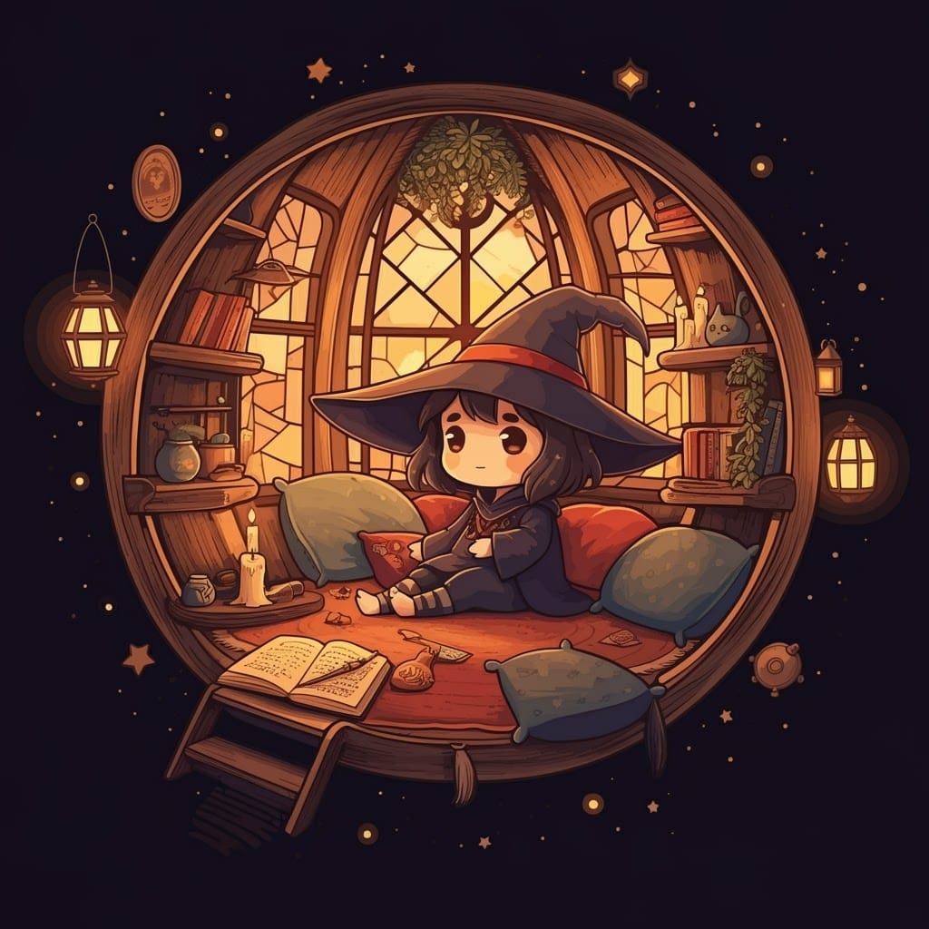 Cozy Warlock - Chibi Warlock in Dreamy Studio Ghibli Tower