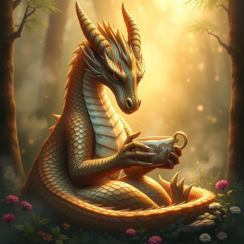 Dragon drinking tea - Ethereal Dragon in Whimsical Forest Sc...