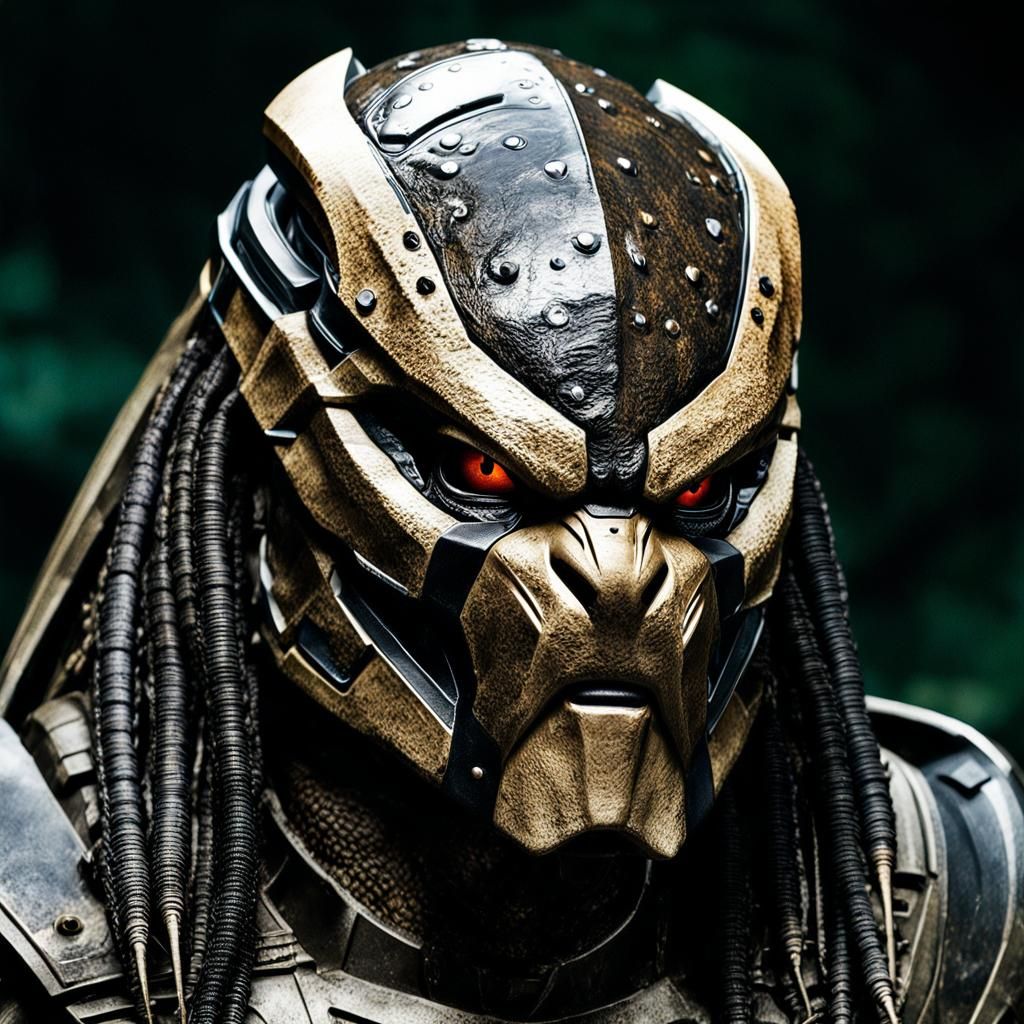 The image shows a detailed close-up of a Predator's head without helmet ...