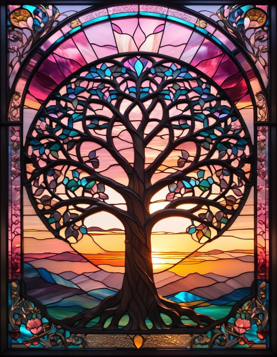 Stained glass window tree at sunset - AI Generated Artwork - NightCafe ...