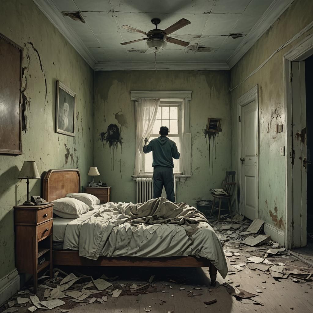 man waking up screaming in a haunted mental asylum bedroom interior ...