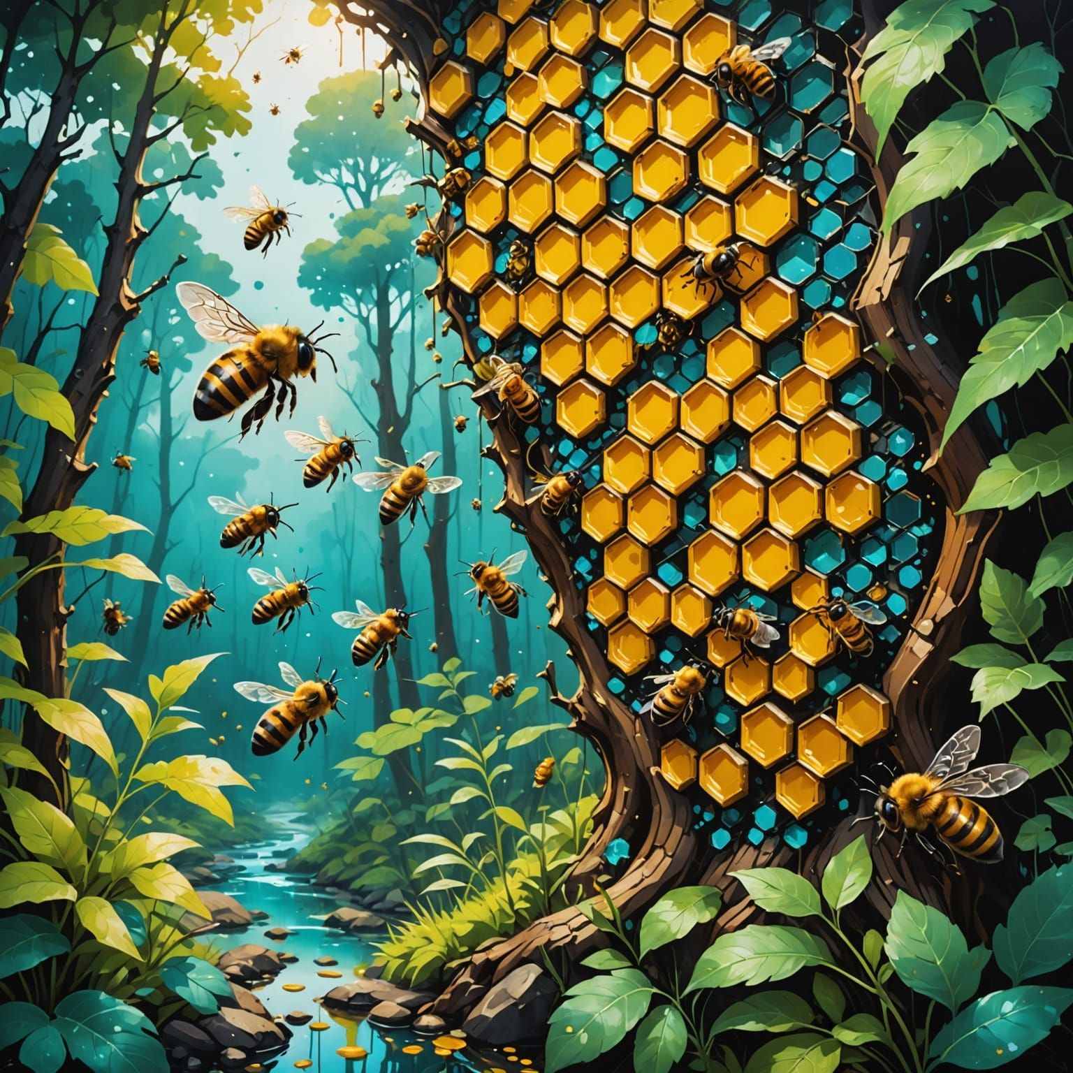A forest view landscape with honey bees all made of gems. graffiti art ...